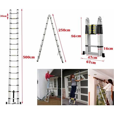 5M / 2.5M+ 2.5M Foldable Ladders A Frame Aluminium Extendable Extension ...