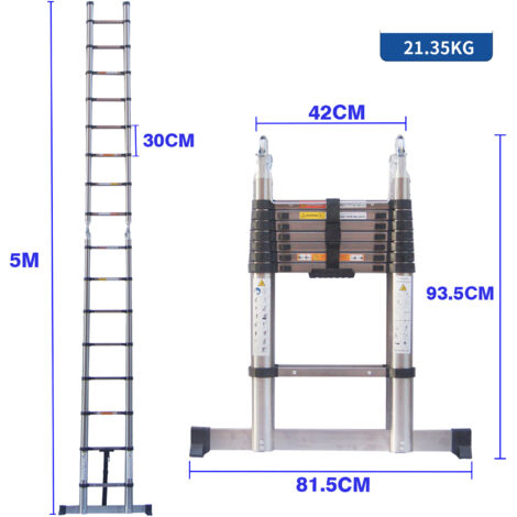 5M （2.5M+2.5M）Ladder Retractable Folding Ladder 16 Steps Telescopic ...