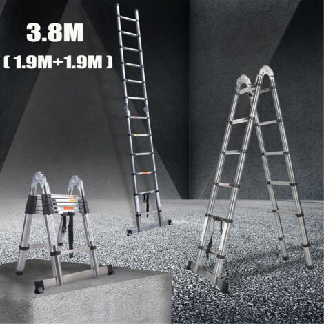 Stainless Steel 3.8M A Frame Folding Telescopic Ladder Extendable Loft ...