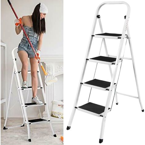 Folding Ladder 4 Step Heavy Duty Steel Stepladders 4 Tread Foldable ...