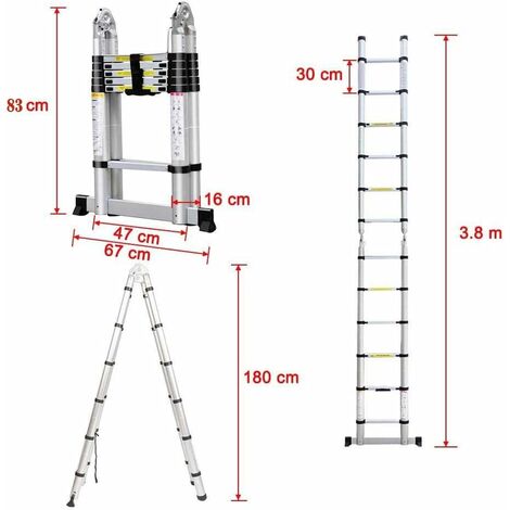 Multi-Purpose 3.8M Aluminium Portable Telescopic Ladder DIY Extendable ...