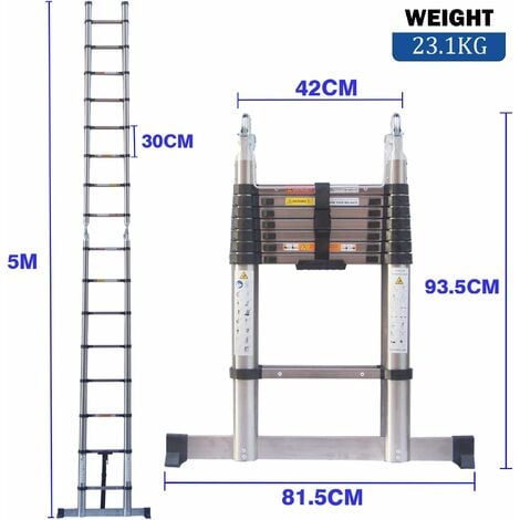 16.5Ft/5M A-Type Telescopic Ladder 2.5m+2.5m Telescoping Extension Multi Purpose Folding ...