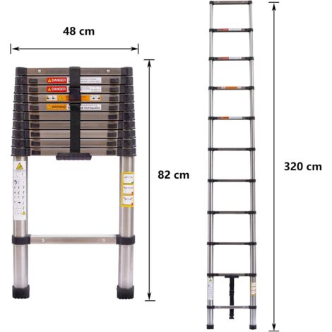 10.5FT / 3.2M Telescopic Ladder Stainless Steel Ladders Multi-Purpose ...