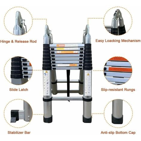 Telescopic Ladder 5M with Stabiliser, Multi-Purpose Foldable Step ...