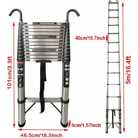 Telescopic Ladder 5m Extension Ladder with 2 Detachable Hooks ...