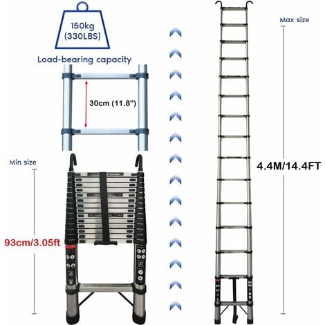 4.4M/14.4FT Telescopic Ladder Extension Ladder with 2 Detachable Hooks ...