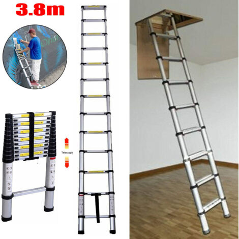 3.8m Aluminium Telescopic Ladder Extension 13 Steps Roof Loft Attic ...