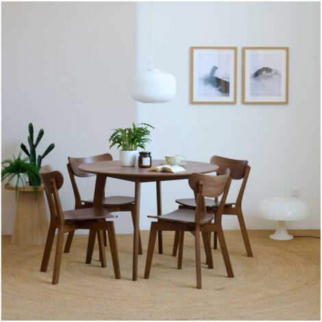 Table ronde en bois noyer D105 + 4 chaises noyer - LETA