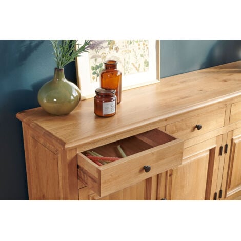 Buffet bas 4 portes 4 tiroirs en chêne massif naturel - VICTORIA