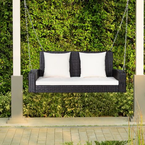 2 Seat Patio Rattan Porch Swing Loveseat Outdoor Hanging Swing Bench W Cushions