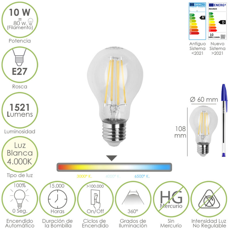bombilla led filamento standar rosca e27. 10 watt. equivale a 80 watt. 1521 lumenes. luz neutra ...