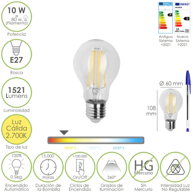 bombilla led filamento standar rosca e27. 10 watt. equivale a 80 watt. 1521 lumenes. luz calida ...