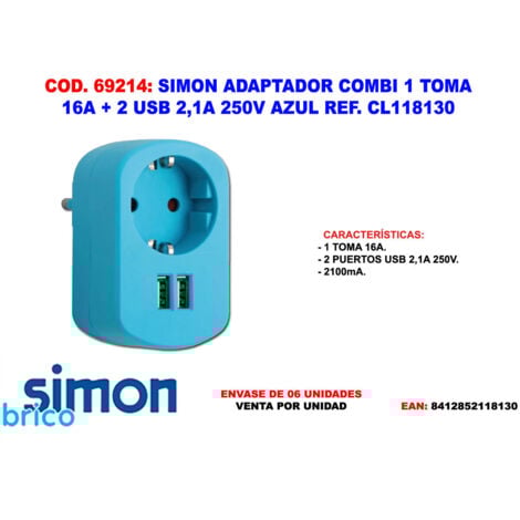 simon adaptador combi 1 toma 16a+2usb 2.1a 250v azul cl118130