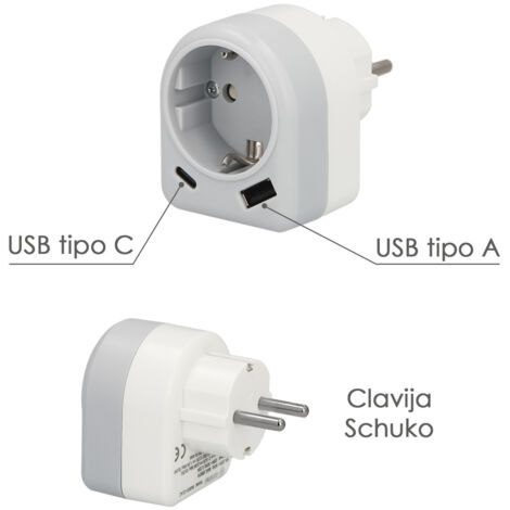 enchufe / adaptador schuko con 2 tomas, usb a / c. potencia maxima 3680 w. cargador moviles ...