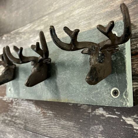 Cast Iron Stag Head Antler Wall Coat Hook Rack
