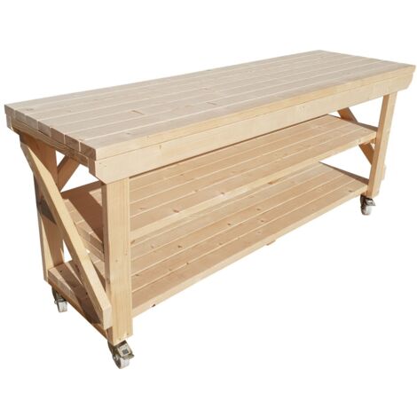 Acorn Wooden Workbench 7ft (210cm length) With wheels / Double shelf