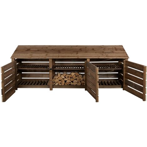 Slatted wooden log store with door and kindling shelf W-335cm, H-126cm ...