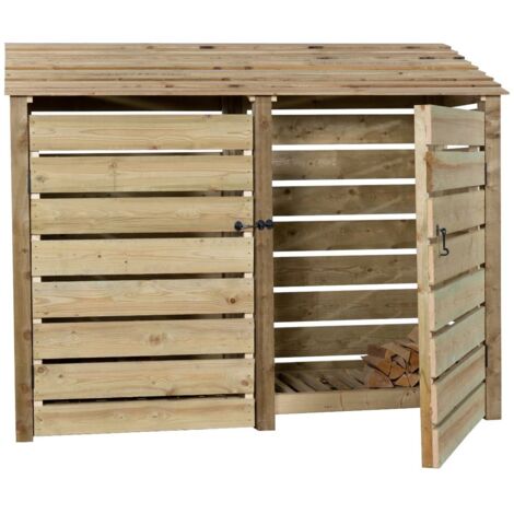 Slatted wooden log store with door W-227cm, H-180cm, D-88cm - natural ...