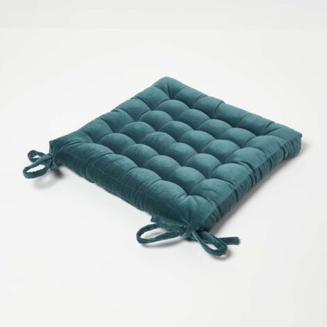 HOMESCAPES Teal Green Quilted Velvet Chair Pad, 40 x 40 cm
