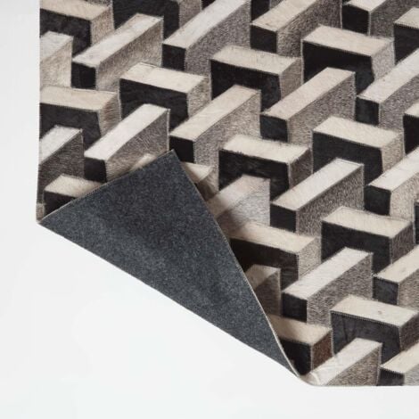 HOMESCAPES Grey & Black Geometric Leather Rug, 90 x 150 cm