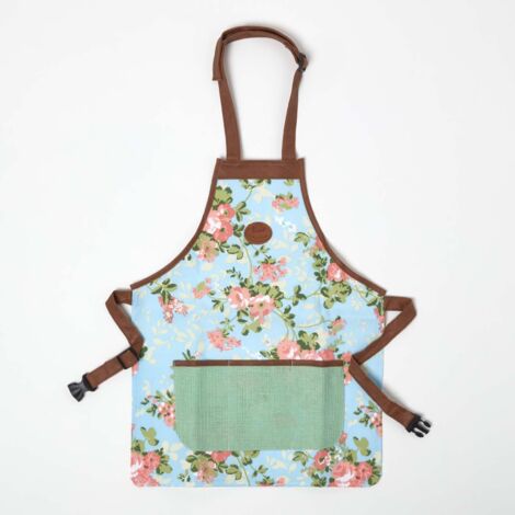 HOMESCAPES Blue and Pink Gardening Apron with Floral Rose Design