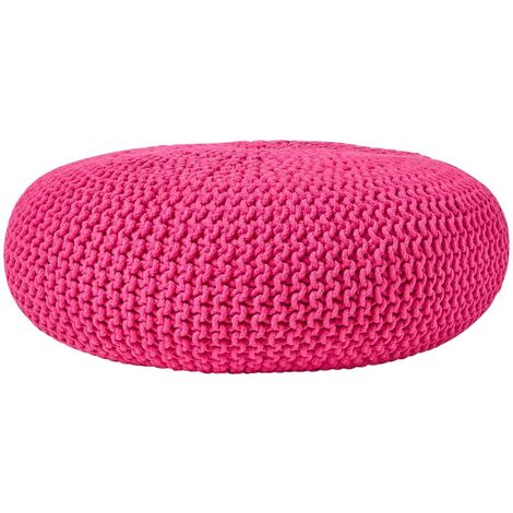 HOMESCAPES Hot Pink Large Round Cotton Knitted Pouffe Footstool