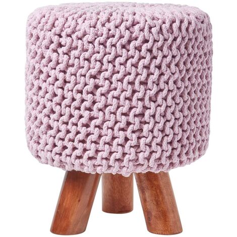 HOMESCAPES Pastel Pink Tall Cotton Knitted Footstool on Legs