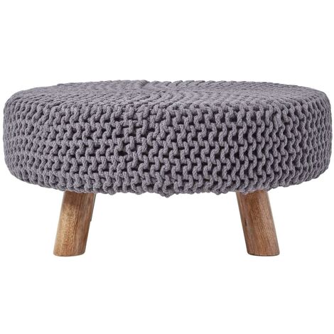 HOMESCAPES Sea Grey Large Round Cotton Knitted Footstool on Legs