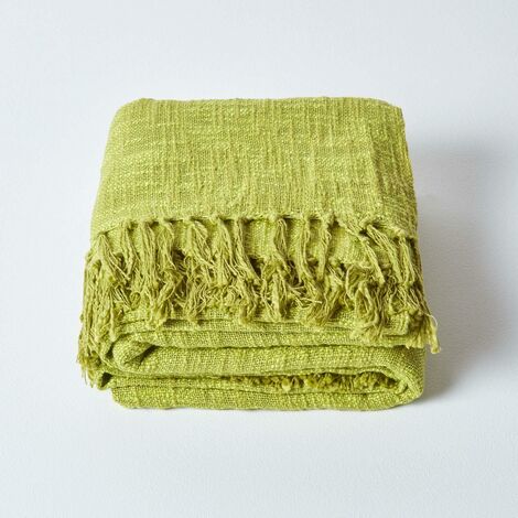 HOMESCAPES Nirvana Slub Cotton Lime Green Throw, 150 x 200 cm