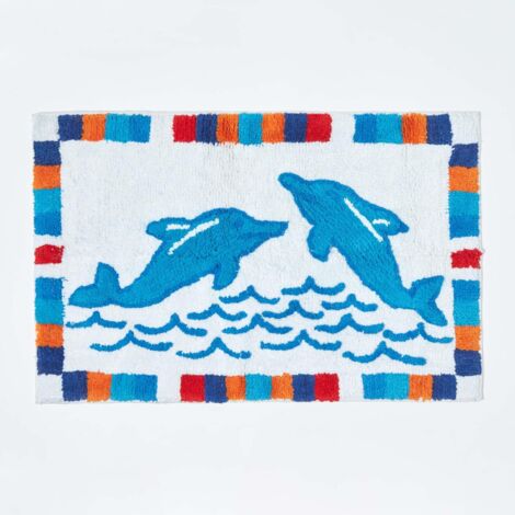 HOMESCAPES Cotton Tufted Washable Blue Dolphins Kids Rug