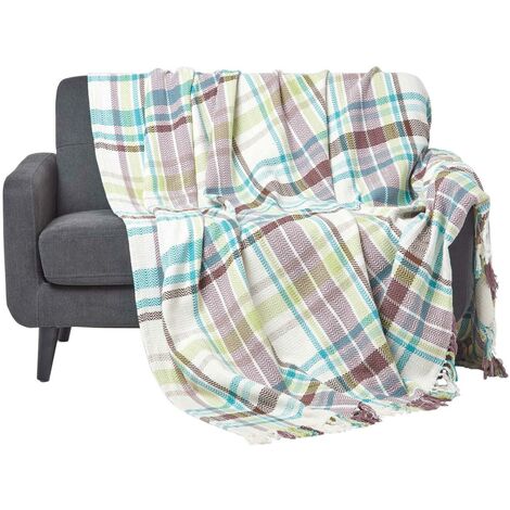 HOMESCAPES Green Tartan 100% Cotton Falun Throw with Tassels, 225 x 255 ...