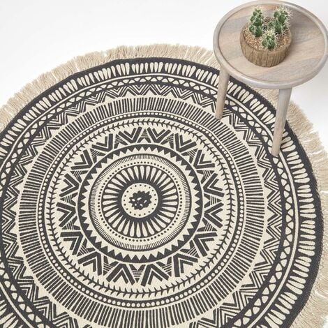 HOMESCAPES Black & White 100% Cotton Mandala Printed Round Rug
