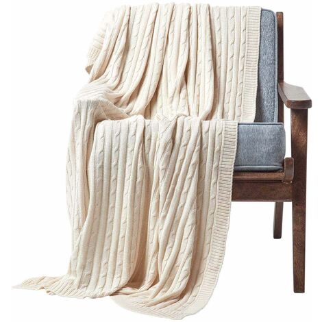HOMESCAPES Cotton Cable Knit Throw, Natural, 150 x 200 cm