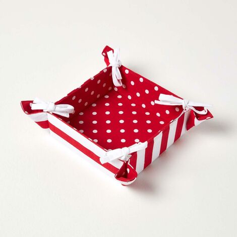 HOMESCAPES Reversible Fabric Bread Basket Polka Dots Red Foldable Basket