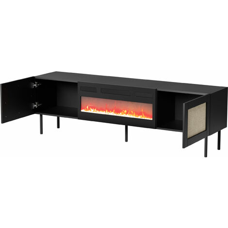TV Schrank YUCCA 180 cm schwarz matt/ calabria-rattan + elektrischer kamin
