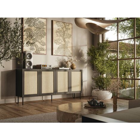 Kommode YUCCA 200 cm 4D schwarz matt/ calabria-rattan