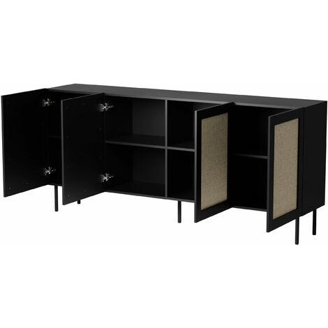 Kommode YUCCA 200 cm 4D schwarz matt/ calabria-rattan