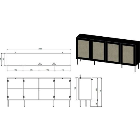 Kommode YUCCA 200 cm 4D schwarz matt/ calabria-rattan