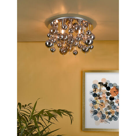 Dar Thora Plafonnier affleurant à 5 ampoules, chrome poli, verre fumé