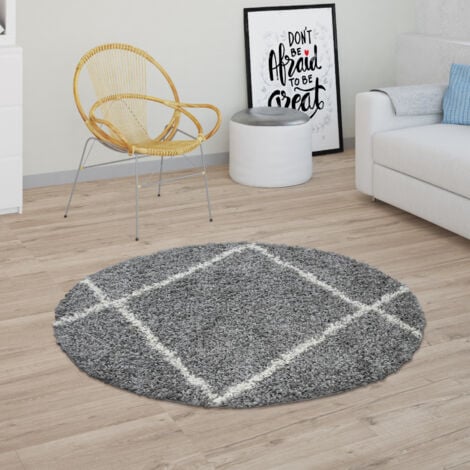 Paco Home Tapis Poils Longs Salon Shaggy Motif Losanges Scandinave, Moderne Gris 120 cm rond