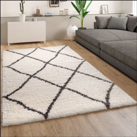 Paco Home Tapis Shaggy Tapis De Salon Poil Long Motif Scandinave Blanc Cassé Gris 60x90 cm