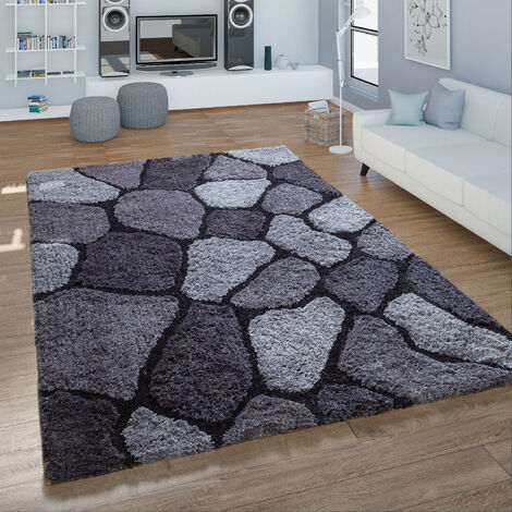 Paco Home Tapis Poils Longs Salon Shaggy Contours Découpés Design Pierre Anthracite 240x340 cm