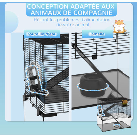 Cage rongeur hamster, 3 niveaux avec roue, rampes, maisonnette ...