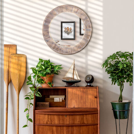 HOMCOM Miroir rond mural en bois de pin style naturel Ø 79 cm
