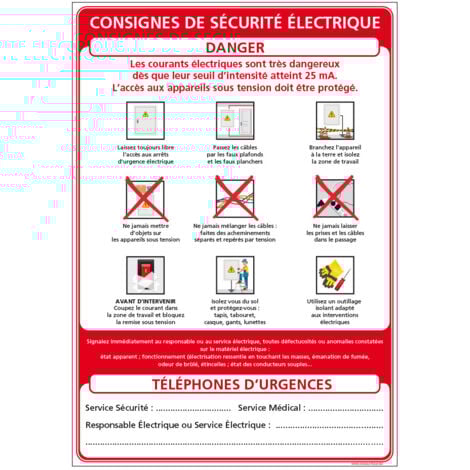 Panneau CONSIGNES DE SÉCURITÉ ÉLECTRIQUE (A0678) - Adhésif - 150 X 210 mm