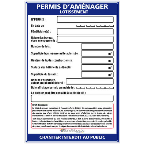 Panneau Permis d'aménager Lotissement + Marqueur noir (W1037). Sans ...