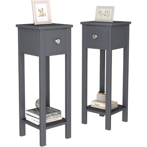 Slim Solid Wooden Bedside Table, Set of 2 Small Narrow Side End Tables ...