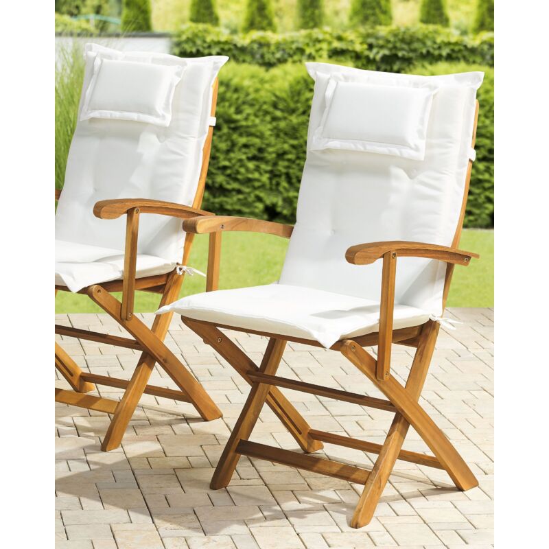 Set of 2 Wooden Garden Folding Chairs Outdoor Dining Off White Cushion Maui