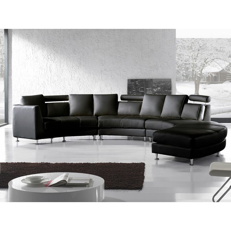 Curved Sectional Sofa with Ottoman and Headrests Black Leather Rotunde