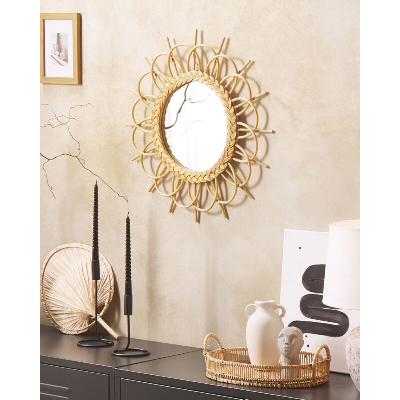 Round Modern Rattan Frame Wall Mirror Sunburst o 60 cm Natural Telakia